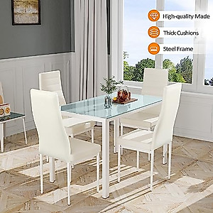 Bonnlo 5 Pieces White Dining Table Set Small Kitchen Dining Room Table Set for 4,Glass Dining Table Set for Small Place,White Kitchen Table and PU Leather Metal Frame Chairs for 4,White