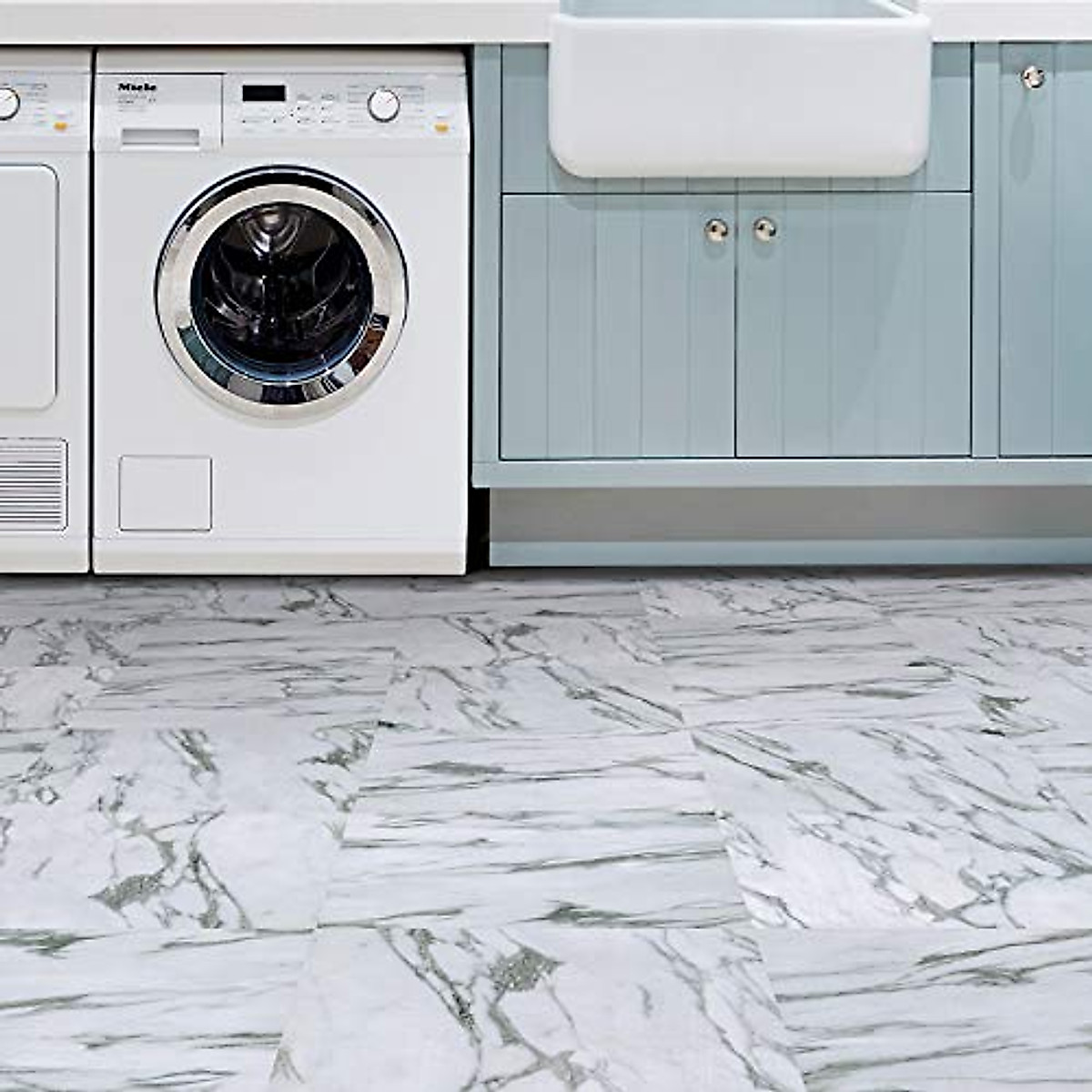 FloorPops FP3329 Opaline Peel Stick Floor Tiles, White & Off-White