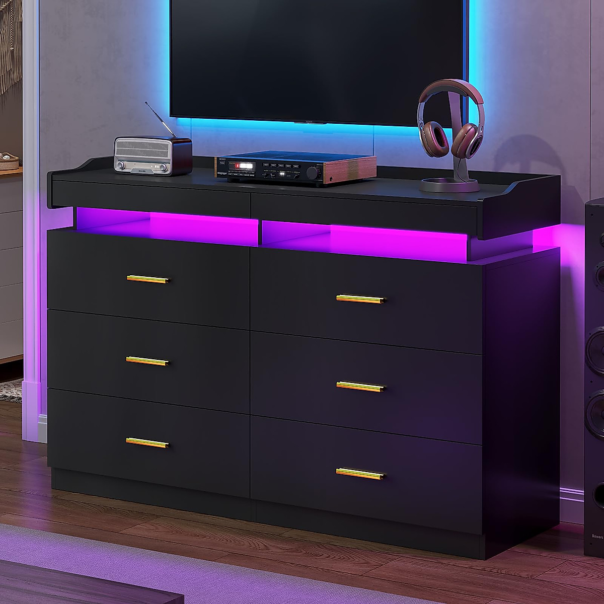 HAUOMS 6 Drawer Dresser with LED Lights,Dresser Chest of Drawers with 2 Pull-Out Tray, Modern Double Wide Drawer Dresser Organizer Cabinet for Bedroom,Living Room,Entryway,Black