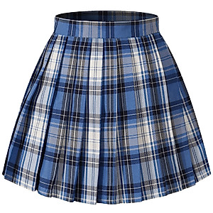 Women`s plaid short A line Skirts costumes (3XL, Blue mixed white black)