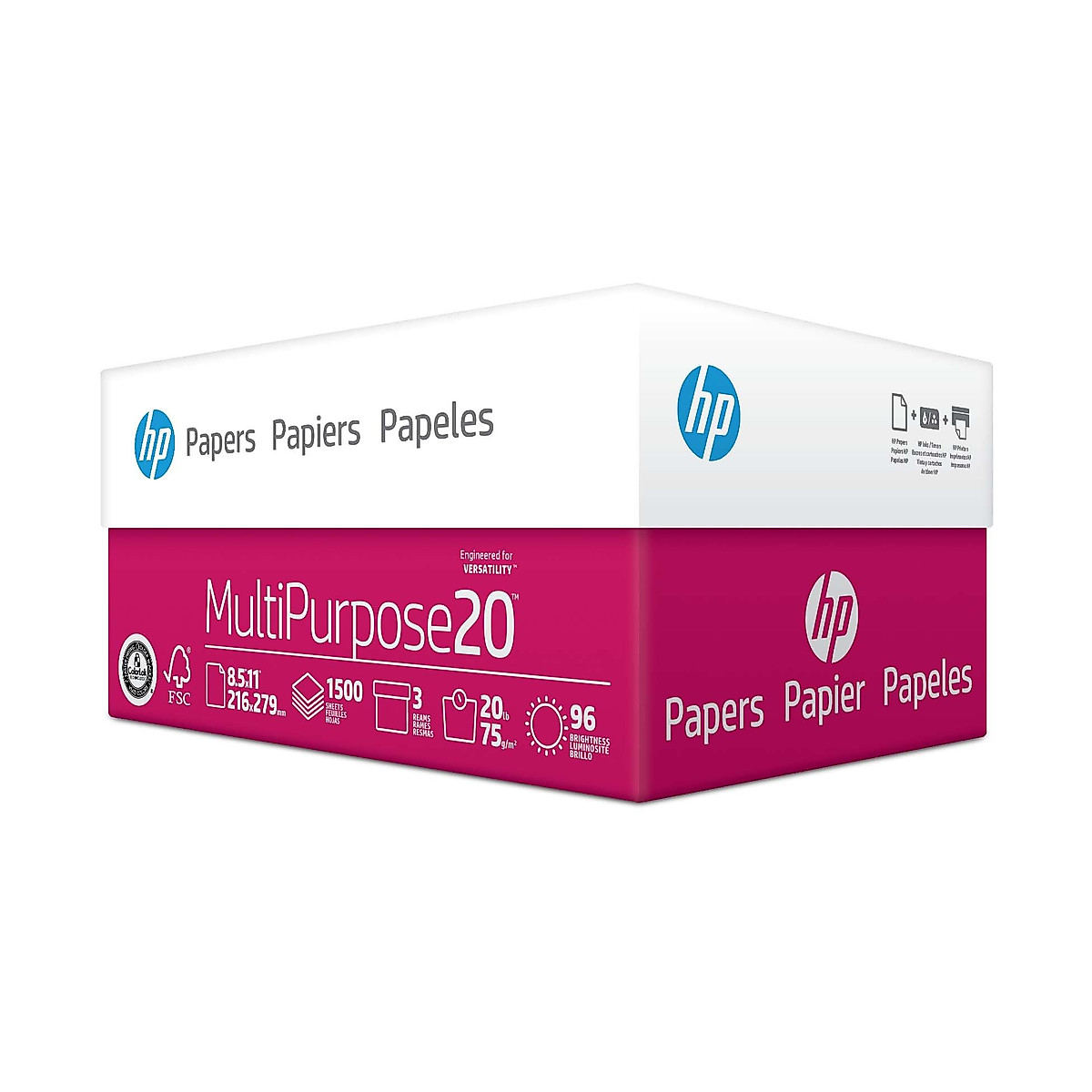 HP Printer Paper | 8.5 x 11 Paper | MultiPurpose 20 lb | 3 Ream Case - 1500 Sheets | 96 Bright | Made in USA - FSC Certified | 112530C