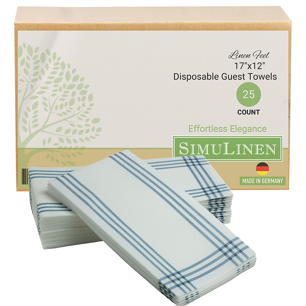 Simulinen Blue Plaid Disposable Guest Hand Towels for Bathrooms –- Linen-Feel Paper Towels, Cloth-Like Texture, Single-Use - Size: 12x17” Unfolded & 8.5x4” Folded 25ct