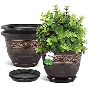 Plastic-Plant-Flower-Planters-14 Inch with Drainage Hole & Saucer, 3 Packs Lightweight Large Resin Flower Pot Indoor Outdoor, Retro Antique Imitation Decorative Garden Containers Sets for Houseplants