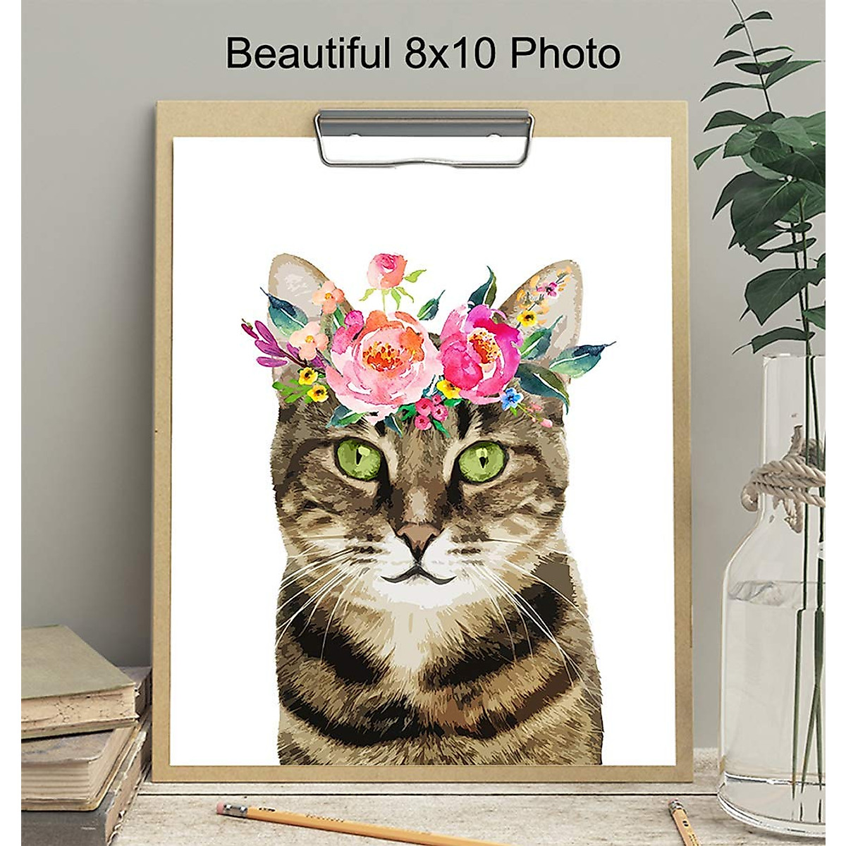 Tabby Cat Wall Art Decor - Kitten, Kitty, Cat Lover Gifts for Women - Cute Floral Wall Art Poster - Adorable Room Decoration for Girls Bedroom, Kids Room, Living Room, Baby Nursery