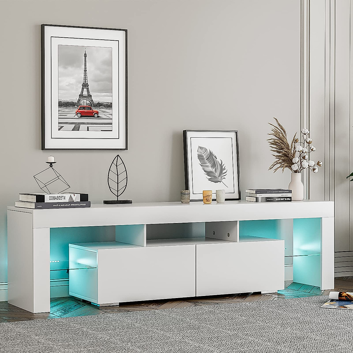 IKIFLY White Stand for 65+ inch TV, Modern LED TV Stand w/16 Colors&Remote Control Lights, High Glossy Cabinet w/Storage&2 Drawer, Entertainment Center for Living Room