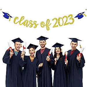 Class of 2023 Banner - 2023 Graduation Banner, Congrats Grad, High School/College/University Graduation Party Decorations, Gold and Blue Glitter