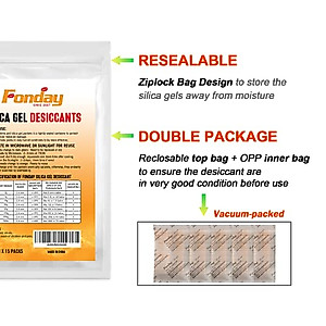 20Gram [15 Packets] Fonday Rechargeable Silica Gel Desiccant Packets Food Grade Fast Reactivate Desiccant Bags Moisture Indicating Orange to Green