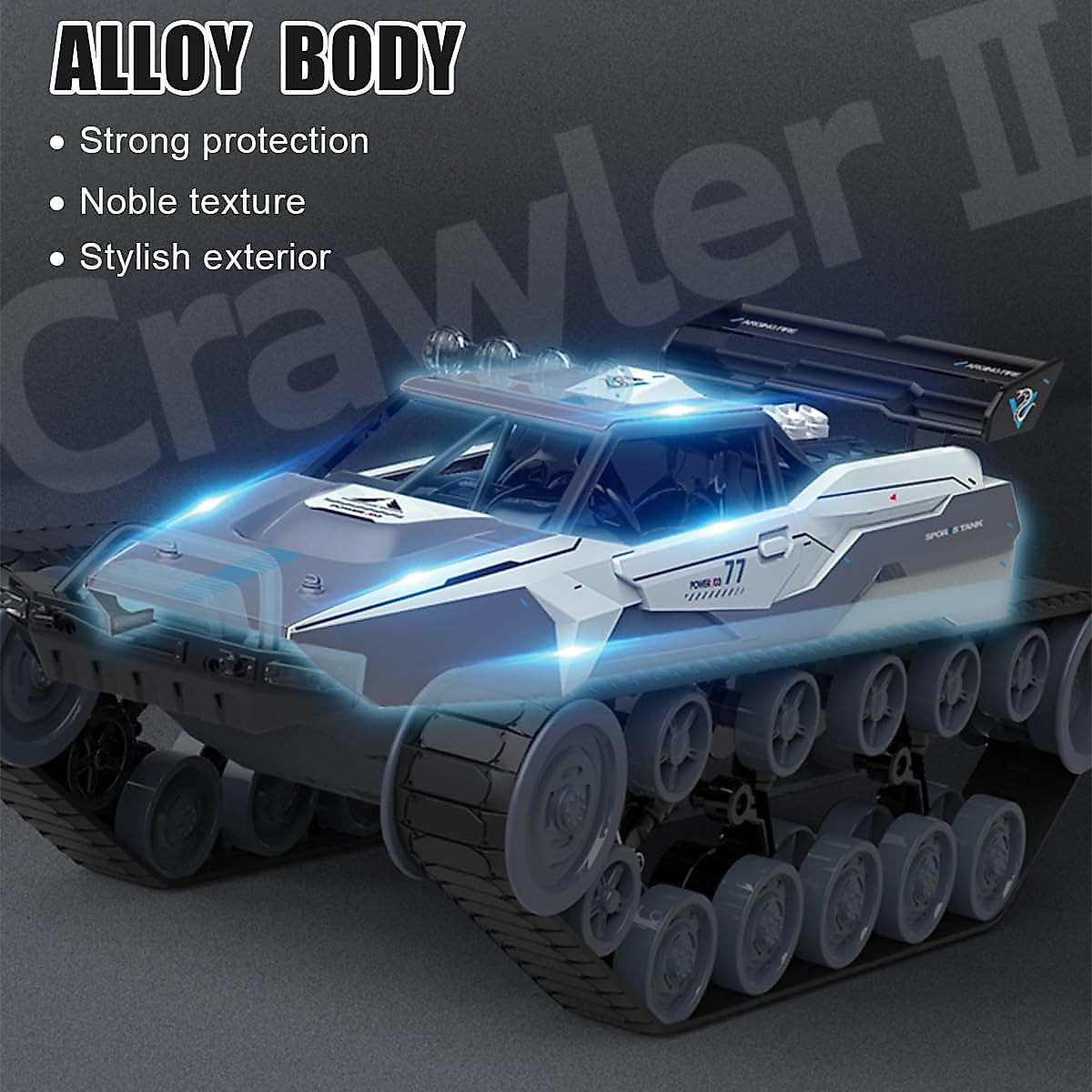 Losbenco Remote Control Tank, 1:12 Scale 2.4Ghz Alloy RC Tank, 360° Rotating Off-Road 4WD RC Crawler with Spray and Light Function for Kids Adults