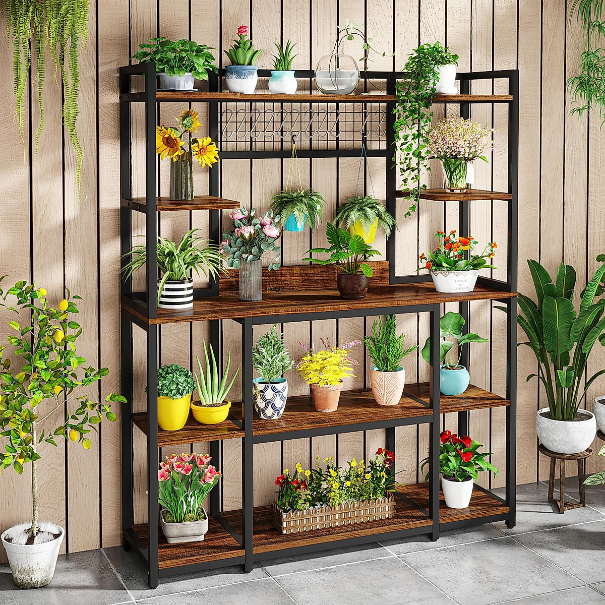 Tribesigns Large Bakers Rack, 55" Wide Kitchen Hutch Cabinet Microwave Stand with 11 Hooks, 5-Tier Baker’s Rack Kitchen Storage Shelf Rack with Hutch, Rustic Brown