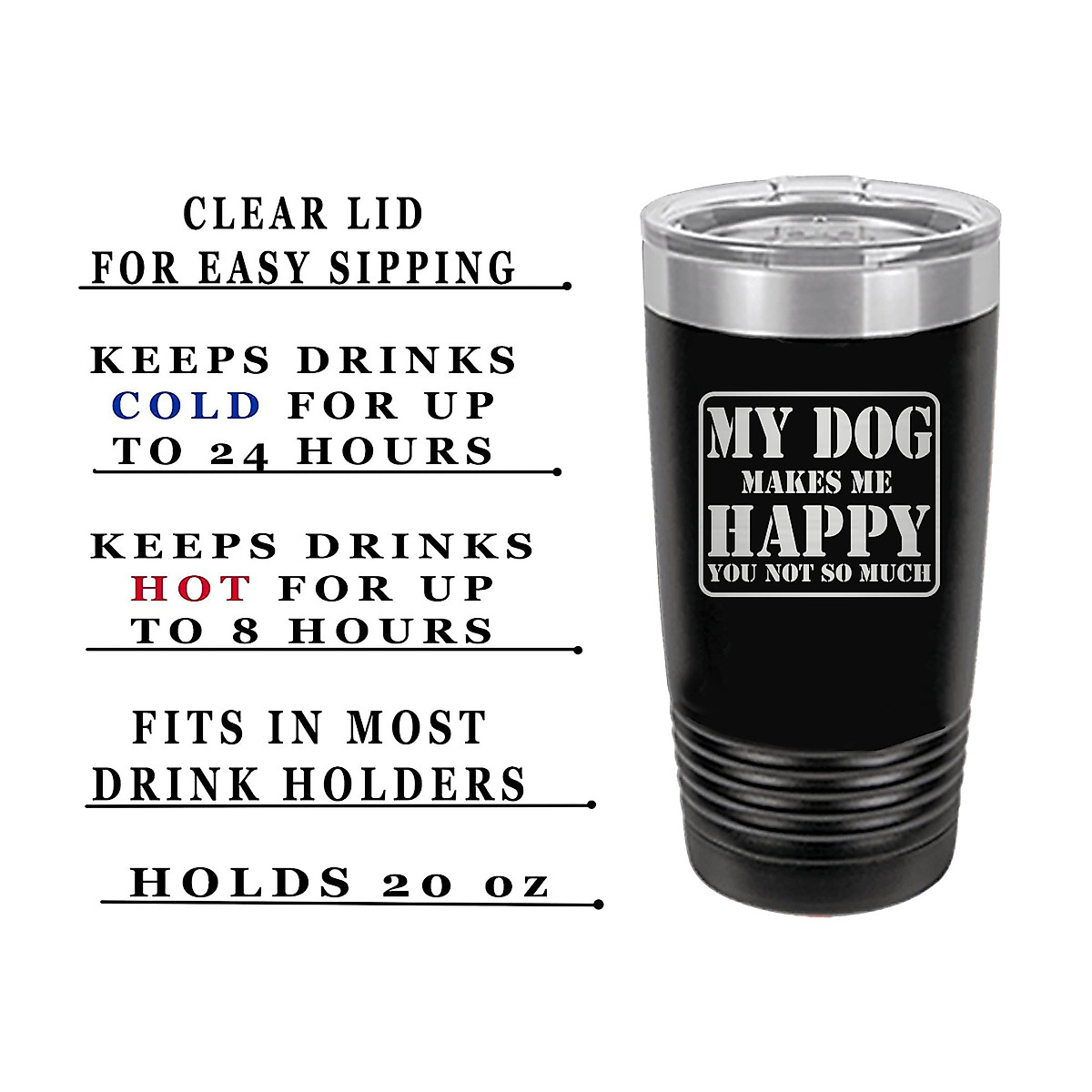 Rogue River Tactical Funny Black Dog 20 Oz. Travel Tumbler Mug Cup w/Lid Gift Idea My Dog Makes Me Happy You Not So Much Dog Owner Gift