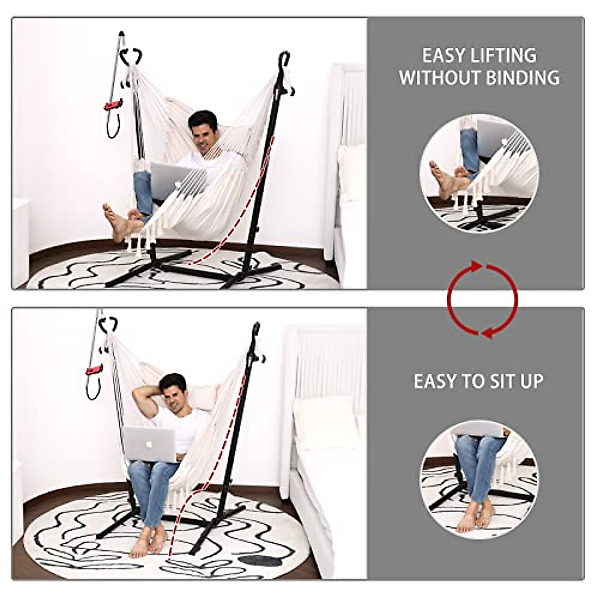 Hammock Chair with Stand and Foot pad Double Hammock Chair Bohemian Style with Tassel Mobile Phone Support manually Adjustable Swing Indoor and Outdoor Garden Porch Capacity 400 pounds