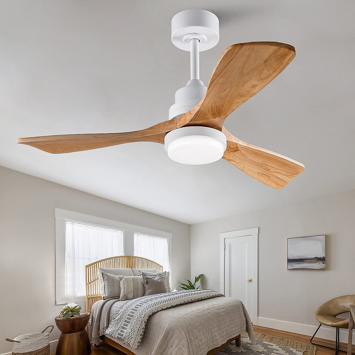XINGSIYUELYX 42 Inch White Ceiling Fans with Lights and Remote, 3 Blades Wood Ceiling Fan with Light, Dimmable LED Light,Noiseless Reversible Motor, Indoor/Outdoor Fans for Patios Bedroom