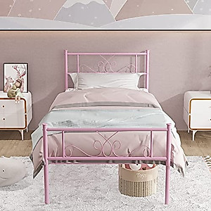 Weehom Platform Steel Bed Frame with 6 Legs Mattress Foundation Heavy Duty Bed Steel Slat Support Easy Assemble Kids Adults(Twin Size),Pink