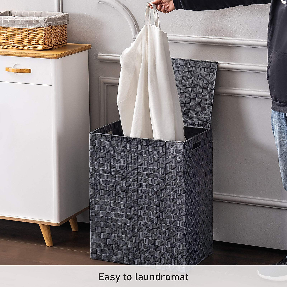YOUDENOVA Handwoven Laundry Basket Hamper with Removable Liner Bag and Lid, Collapsible Clothes Hamper with Handle, Grey