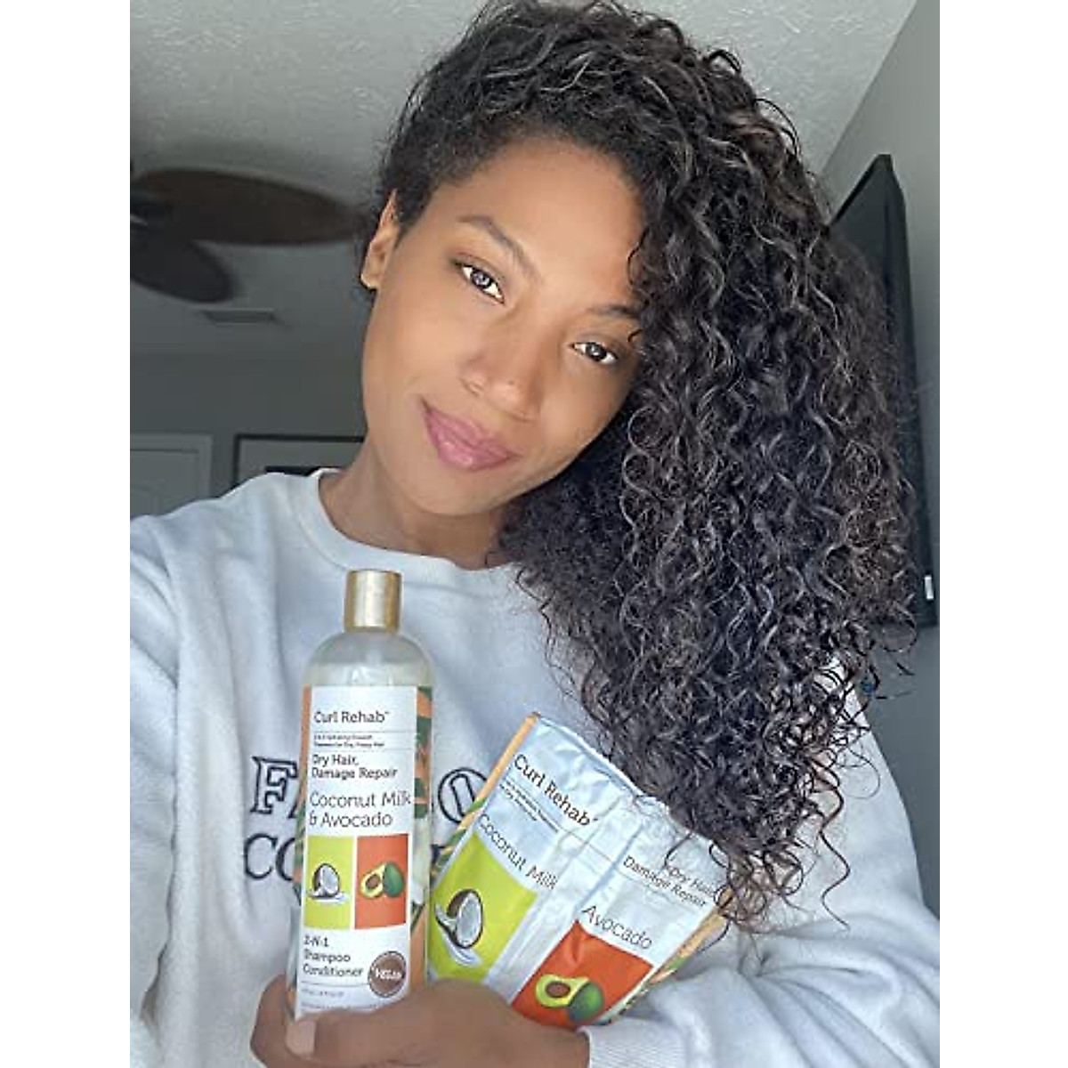 Curl Rehab Dry Hair/Damage Repair Treatment 2 in 1 Shampoo Conditioner (3 Pack), Enriched with Coconut Milk & Avocado, 16 Oz