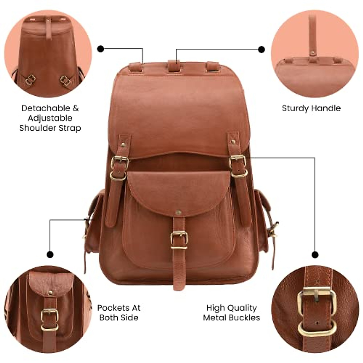 Handmade World Vintage Full Grain 20 Inch Tan Brown Leather Laptop Large Backpack Casual Bookbag Daypack Camping Travel Rucksack Knapsack