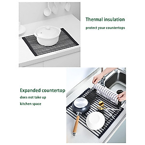 VICEAXY Roll-Up Dish Drying Rack 17” x 13”, Stainless Steel with Silicone Wrapped Drainer Rack, Foldable Sink Rack Mat for Kitchen Dishes, Cups, Fruits, Vegetables (M, Black)