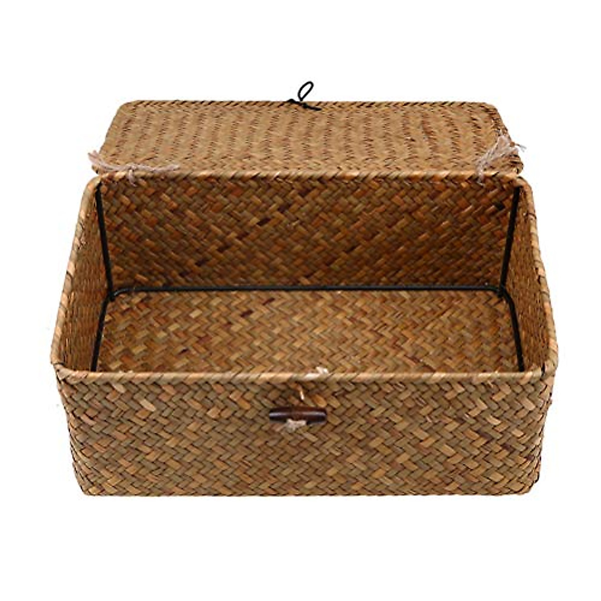 FOMIYES Seagrass Storage Baskets with Lid：Natural Wicker Baskets Woven Rectangular Basket Bins for Household Organizer Boxes Shelf Wardrobe Organizer- Size S