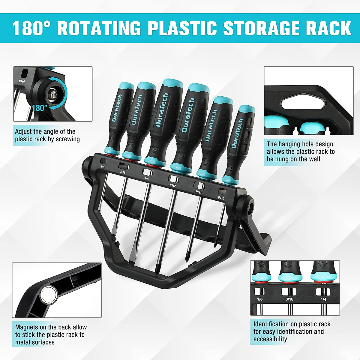 DURATECH 6-Piece Magnetic Screwdrivers Set, 3 Phillips and 3 Flat Head S2 Steel Screwdriver Set with 180° Rotating Storage Rack, Professional Cushion Grip Screw Drivers Tool Set