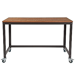 Flash Furniture Livingston Collection Computer Table and Desk in Brown Oak Wood Grain Finish with Metal Wheels