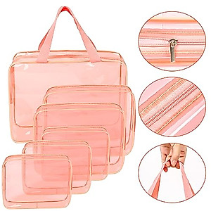 APREUTY Clear Makeup Bags, TSA Approved 6 Pcs Cosmetic Makeup Bags Set Clear PVC with Zipper Handle Portable Travel Luggage Pouch Airport Airline Vacation Organization Peach