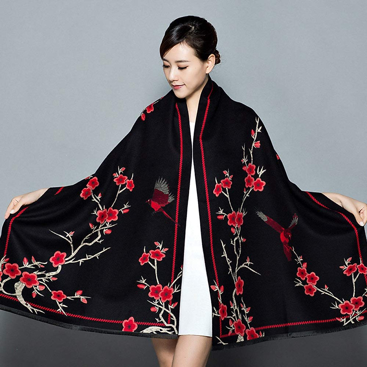 Scarfs,Women's Autumn Winter Cold-Proof Scarf Retro Black Plum Blossom Branch Flower Bird Jacquard Ethnic Warm Soft Cashmere Touch Scarf Thick Blanket Wedding Prom Party Shawl Scarf