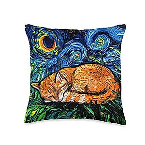 Sagittarius Gallery Orange Tabby Sleeping Cat Starry Night Colorful Art by Aja Throw Pillow, 16x16, Multicolor