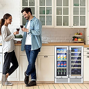 COSTWAY Wine and Beverage Refrigerator, 24 Inch Dual Zone Under Counter Wine Cooler w/Lock, 19 Bottles & 57 Cans Beverage Fridge Cooler, Built-In or Freestanding Beer Wine Fridge for Home Kitchen Bar