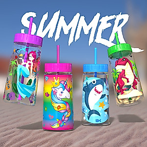 Home Tune 28oz Water Drinking Bottle - BPA Free, Wide Mouth, Travel Beverage Cup with Straw Lid, Lightweight, Water Bottle with Cute Foil Print Design For Girls & Boys - Shark & Dinosaur 2 Pack