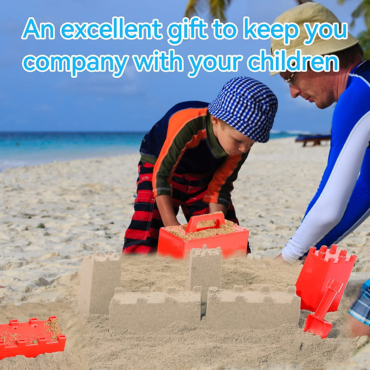 4 Pack Sand Block Molds- Sand & Snow Fort Building Block Sand Castle Mold Beach Toy Brick with Shovel Snow Castle Toy Molds for Kids Outdoor Summer Beach Toy & Winter Snow Activity Toys Kit (Red)