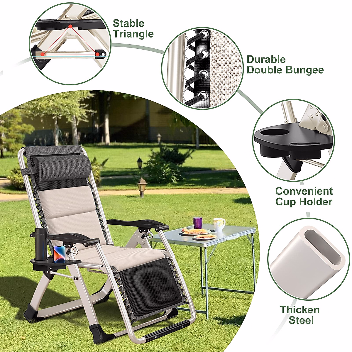 Barbella Zero Gravity Chair Reclining Lounge Chair Patio Chairs, Adjustable Lawn Recliner Folding Lounge Recliners with Removable Cushion, Headrest & Cup Holder, Reclining Chair for Indoor and Outdoor