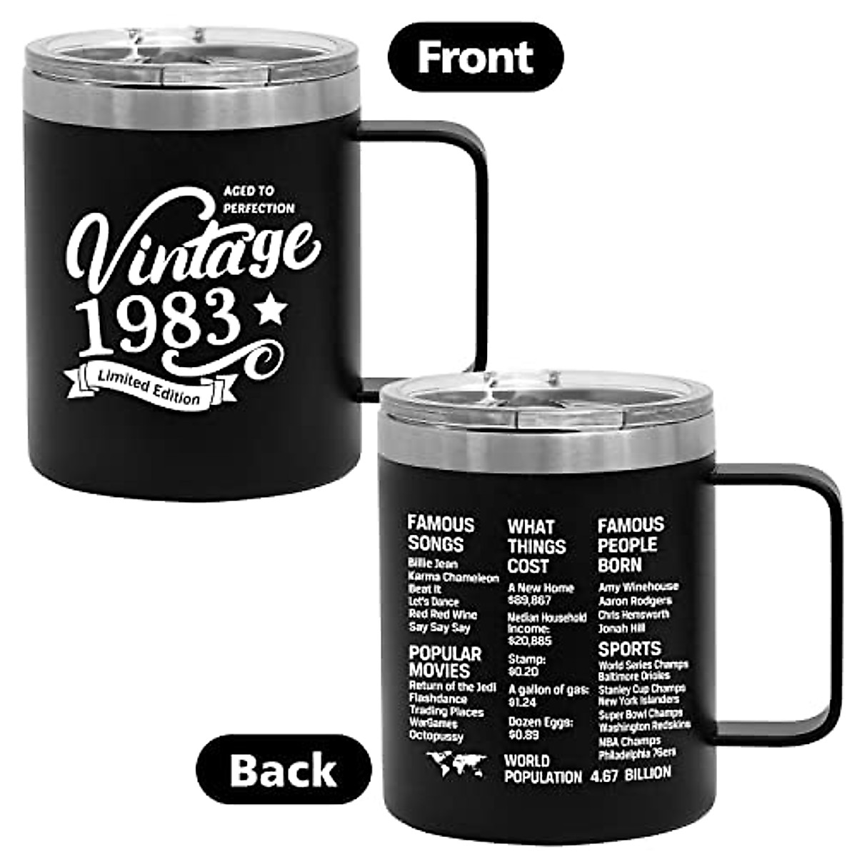 Vintage 1983 Stainless Steel Insulated Coffee Mug with Handle, 40th Birthday Stainless Steel Travel Coffee Cup with Lid Gifts for Women Men, 40th Birthday Spill Proof Reusable Thermos Coffee Mug 12oz