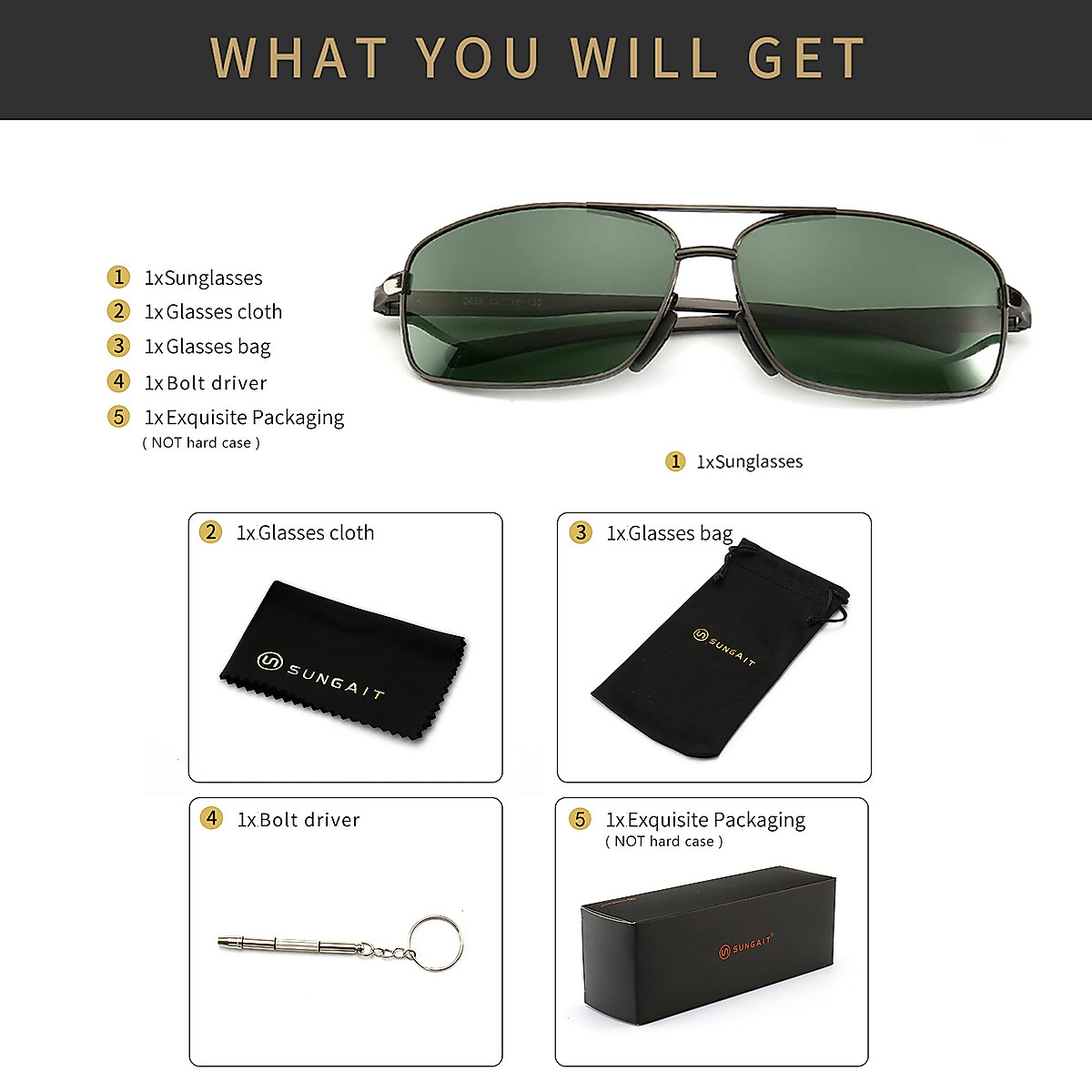 SUNGAIT Ultra Lightweight Rectangular Polarized Sunglasses UV400 Protection (Gunmetal Frame Green Lens, 62) Metal Frame 2458 QKMLV