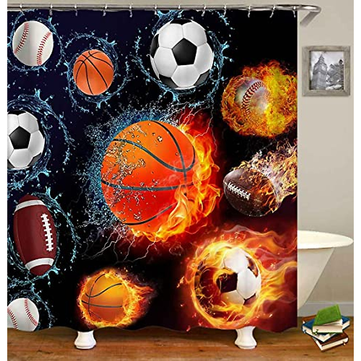 Camille&Andrew 4PCS Sports Shower Curtain Set, Water Fire Basketball Soccer Baseball American Football Cool Men Teen Boys Bathroom Decor, Waterproof Fabric Navy Blue Shower Curtain, Non-Slip Bath Mat