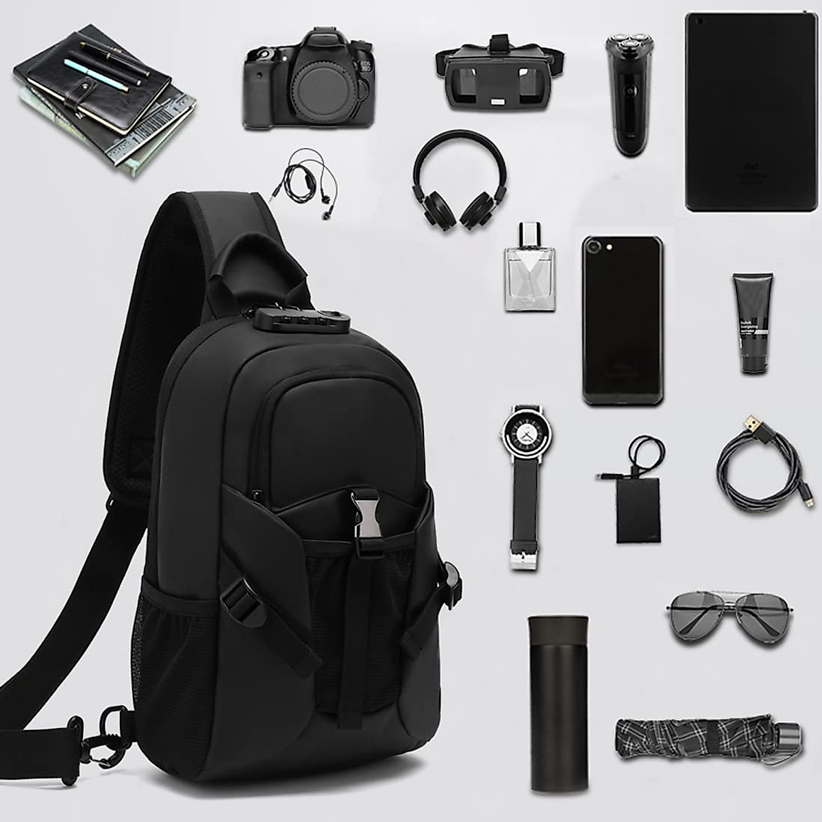 Xinteorao Anti Theft Sling Bag for Men Waterproof Crossbody Shoulder Bag Backpack with USB Charging Port Black