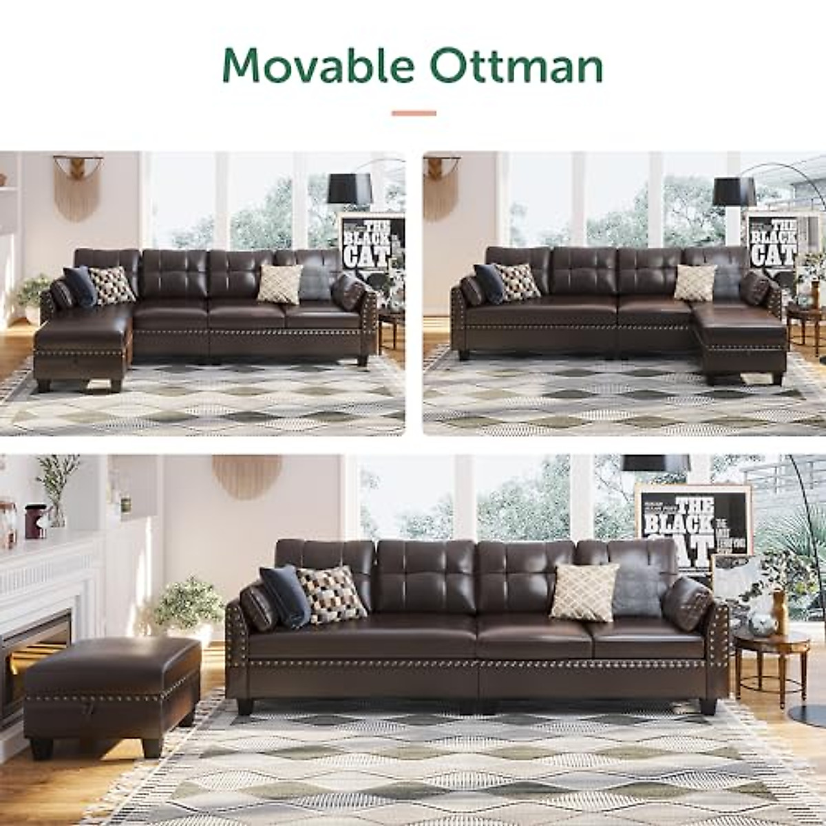 HONBAY Faux Leather Sectional Sofa Couch Reversible L Shaped Couch Sofa 4 Seat Sofa Sectional Couch for Small Apartment