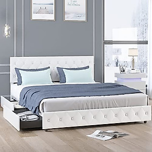 Mjkone Upholstered Platform Bed Frame with 4 Storage Drawers, PU Leather Modern Bed Frame with Adjustable Headboard, No Box Spring Needed/Easy Assembly (White, California King)