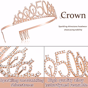 50th Birthday Decorations Gifts for Women Birthday Party Favors Including 50th Crown/Tiara,"Birthday fabulous" 50th Sash,50th Birthday Candles and Cake Toppers, Rose Gold 50th Balloons