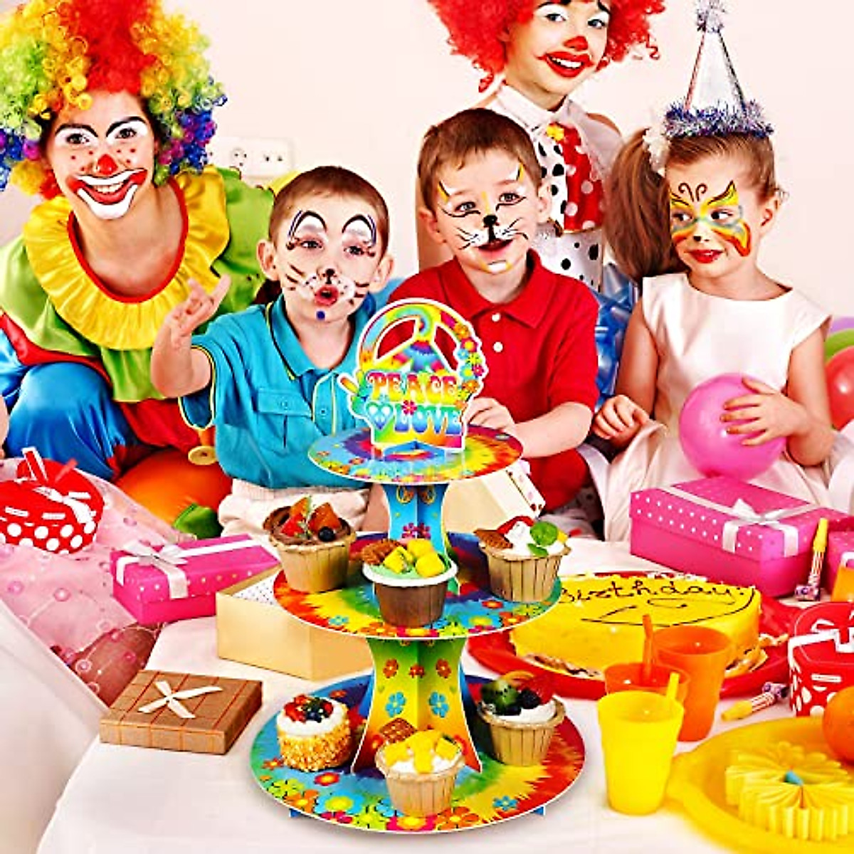 3 Tier 60's Hippie Theme Party Decorations 60s Groovy Cupcake Stand Peace Sign Decorations Cupcake Holder Tie Dye Peace and Love Dessert Tower for 60s 70s Hippie Carnival Birthday Party Supplies