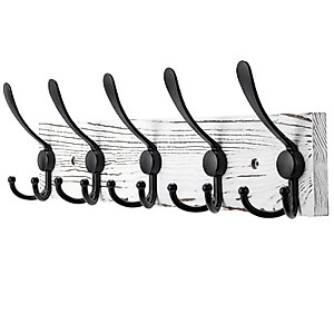 Kuhome Coat Rack Wall Mount Wooden Hat Rack for Wall Hooks Pine Real Wood Plank 16.9" White Coat Hanger with 5 Black Triple Hooks for Hanging Coat Hat Jacket