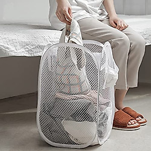 Popup Laundry Hamper with Handle, Foldable Large Capacity Mesh Laundry Hamper Home Supplies White