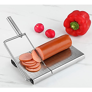 Stainless Steel Cheese Slicer - Multipurpose Cheese Slicer Board & Food Cutter with 4" Blade, 5" x 8" with Accurate Size Scale for Cutting Cheese Butter Vegetables Sausage Herbs & More (No Wire)