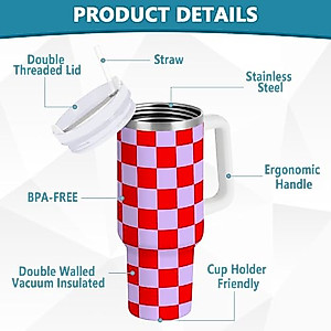 Caikeny Insulated Tumblers with Lid and Straw Checkerboard 30 oz Reusable Stainless Steel Cup Lavender Red Water Bottle Coffee Travel Tumbler Mug for Women Men