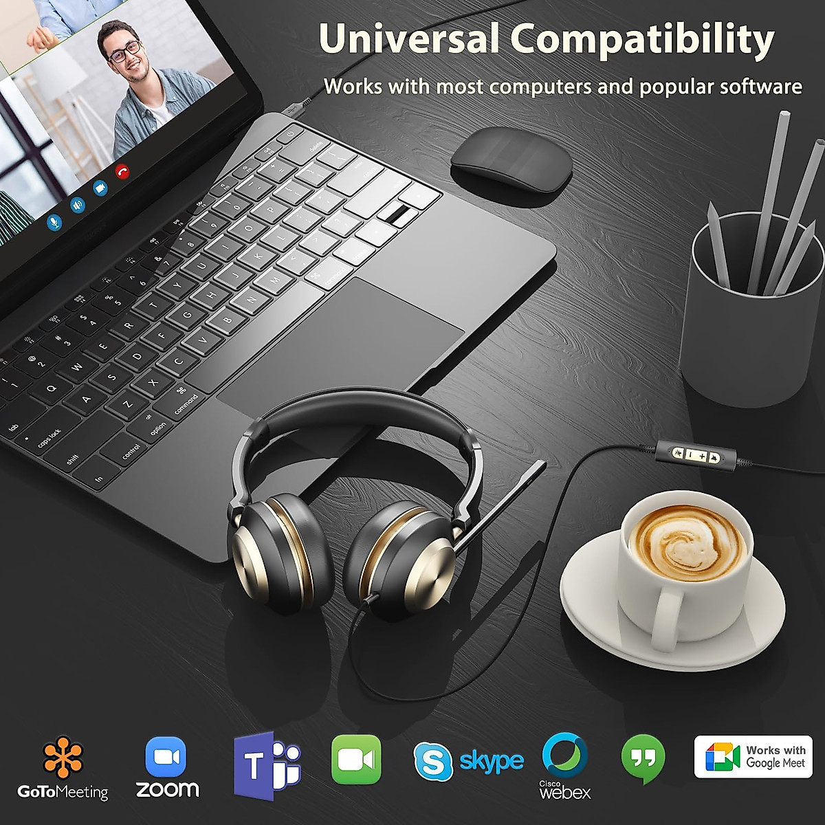 USB Headset with Microphone for PC, Wired headset with Noise Cancelling Mic, in-line Controls Volume & Mute Button, Computer Headset for Work from Home/Office/ Call center/Online Class/Zoom/Teams