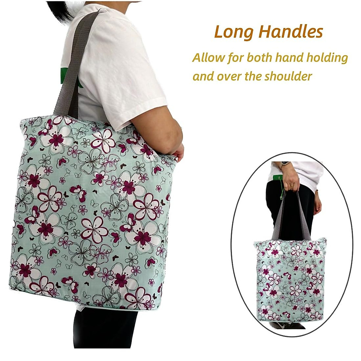 2 Pack Kitchen Reusable Grocery Bags Foldable Washable with Zipper Heavy Duty Folding Shopping Tote Green