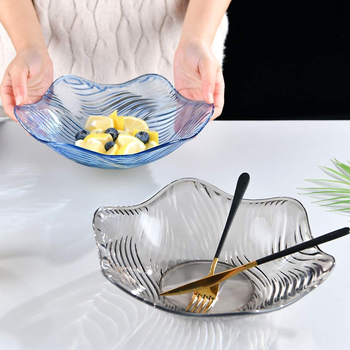 Hemoton Serving Bowl Platter Fruit Holder Bowl Clear Salad Bowl for Home Party Chips Candy Snack Flower Pattern Wave Edged 25.8cm (Blue)