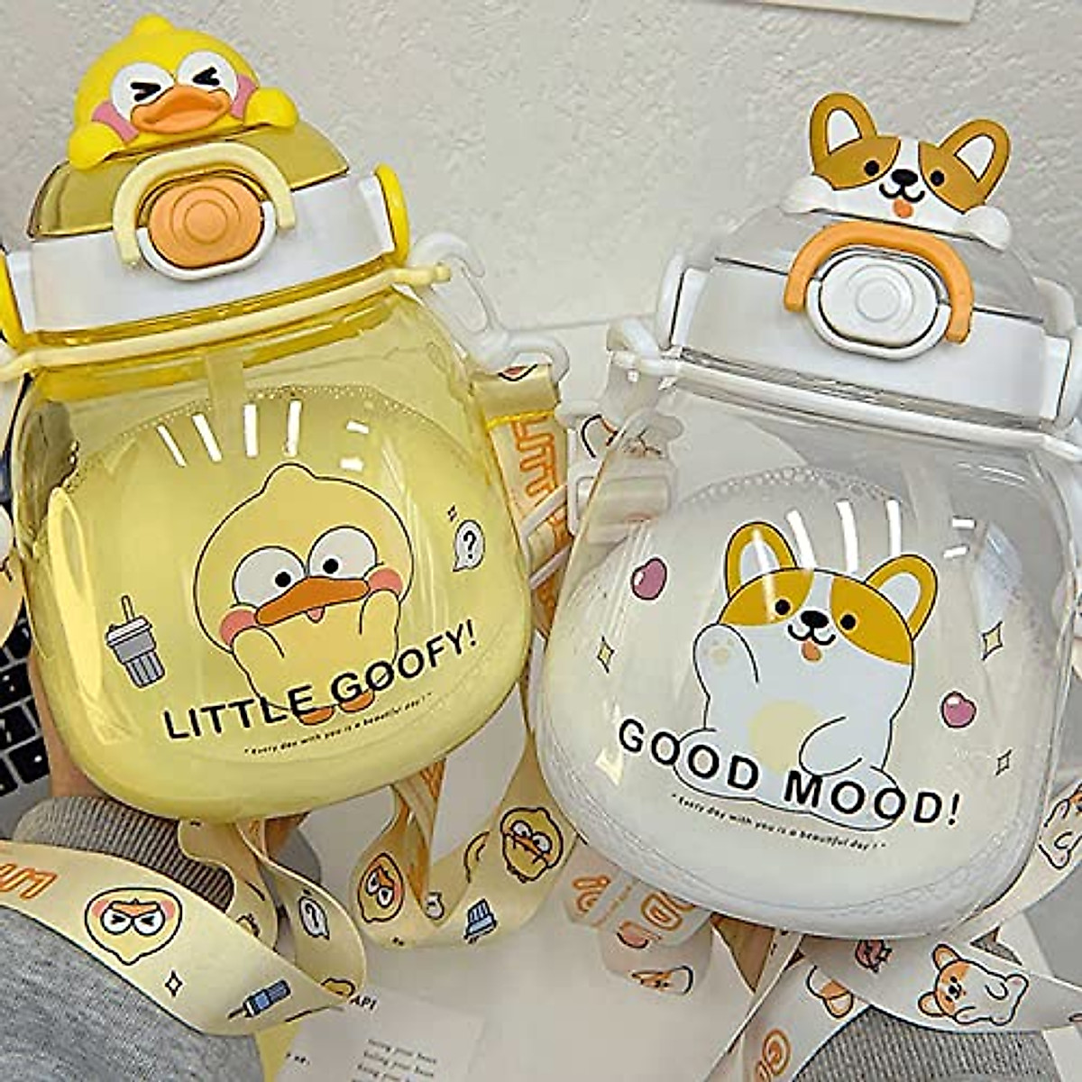 NioiiLife Kawaii Water Bottle with Handle Shoulder Strap & Straw for Carrying Leakproof Cute Animal-Themed Large Drinking Jug 1.3L (Corgi)