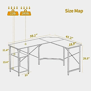 CubiCubi L Shaped Desk, 59.1 Inch Reversible Corner Desk with Storage Shelves, Home Office Desk for Writing Gaming Study, Rustic Brown