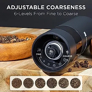 Electric Pepper Grinder Mill - Automatic Quick USB Rechargeable Pepper Grinder with Adjustable Coarseness, One Handed Operated Salt and Pepper Grinder for Kitchen,Restaurant, and BBQ Black