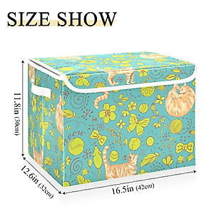 senya Large Collapsible Storage Bins with Lids, Cats on Turquoise Background Storage Baskets Organizer Containers with Handles for Nursery Clothes Toys